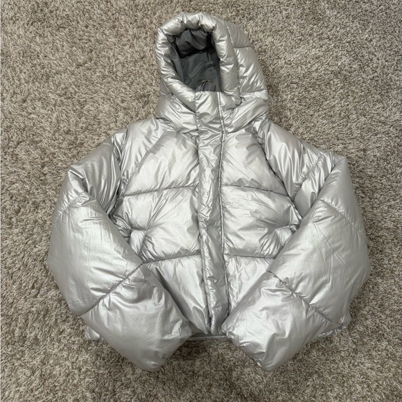 Jackets & Coats | Silver Puffer Jacket With Hood Xs | Poshmark
